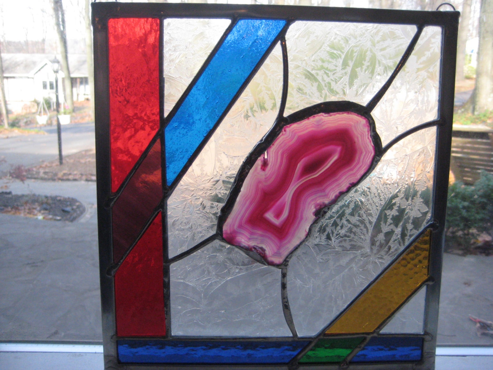 HUGE Pink Agate Slice Stained Glass Window Hanging Panel Sun-catcher ...