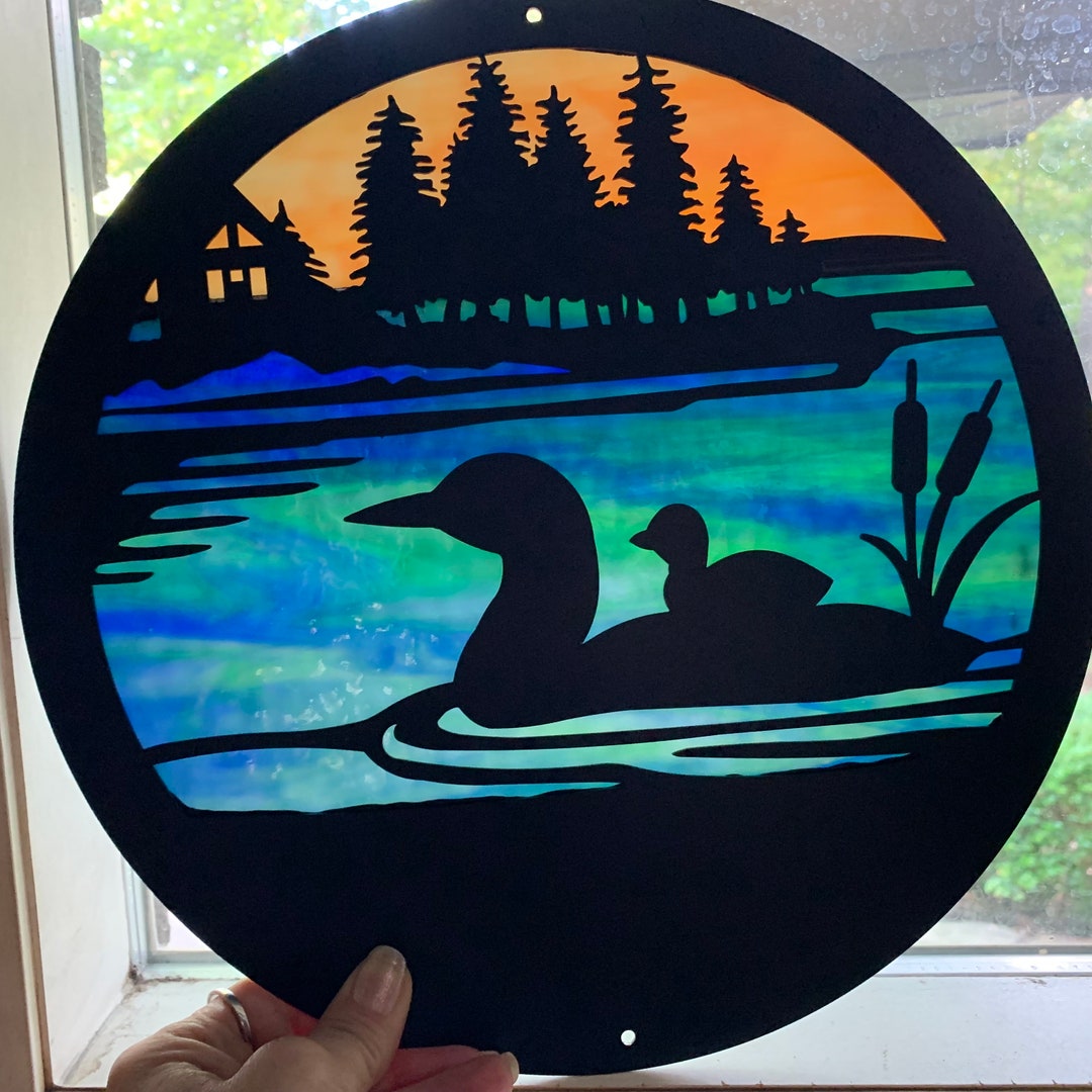 Stained Glass Window Hanging Panel With Loons at Sunset Silhouette - Etsy