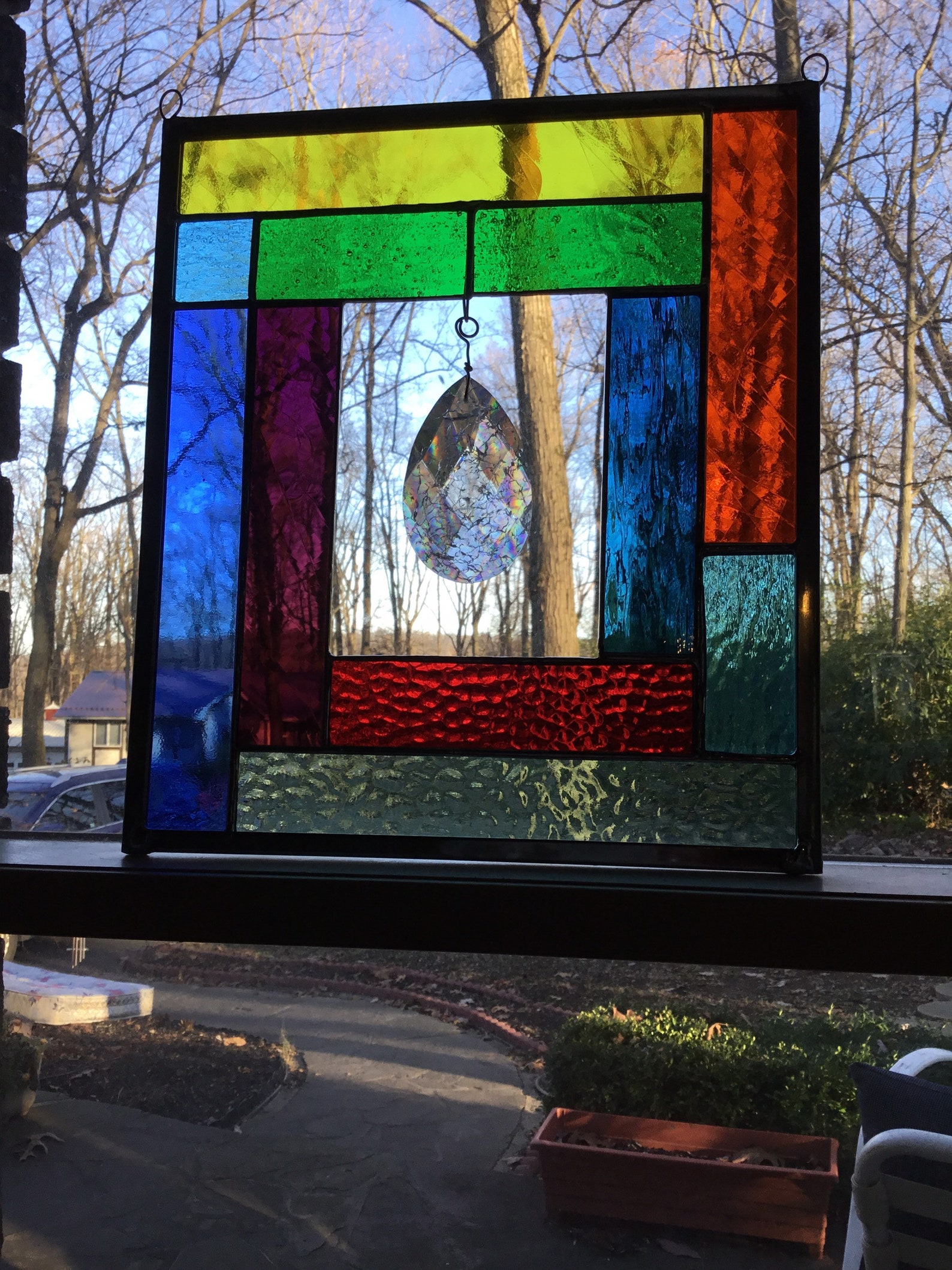 Rainbow Stained Glass Panel With Huge Hanging Crystal - Etsy