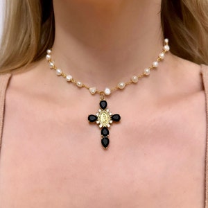 Renaissance Cross Necklace, Freshwater Pearl Cross, Black Cross ...