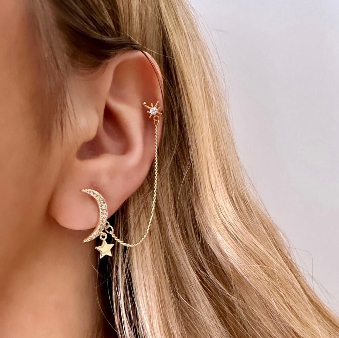 Celestial Ear Chain, Star Ear Climber Cuff, Moon Ear Climbers ...
