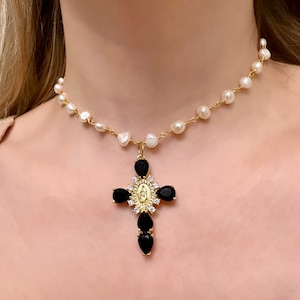 Renaissance Cross Necklace, Freshwater Pearl Cross, Black Cross ...
