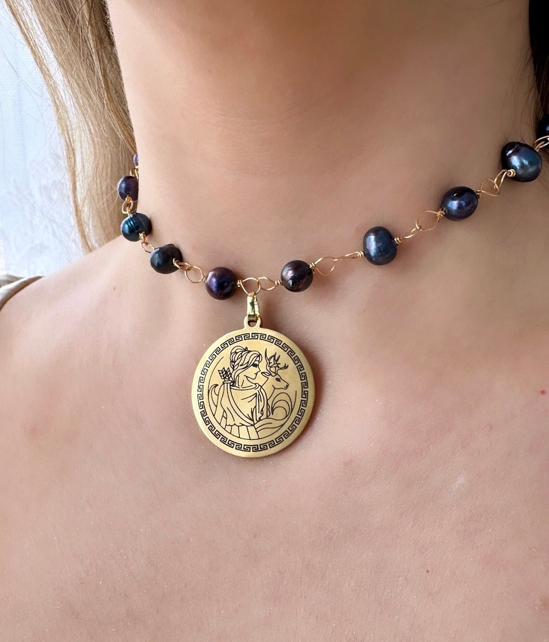 Greek Goddess Necklace, Diana the Huntress, Black Pearl Necklace for ...