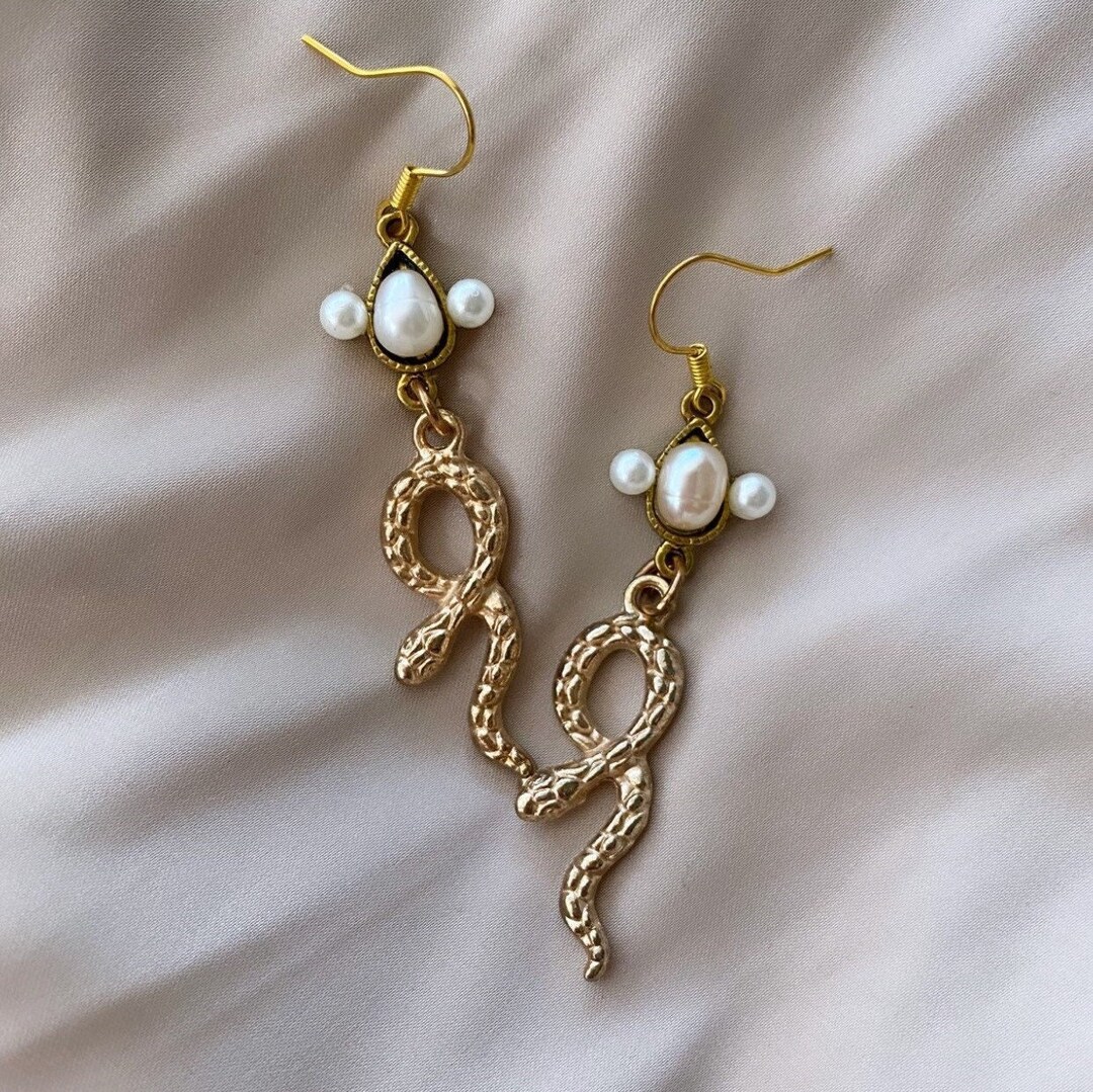 Pearl Snake Earrings, Gold Snake Dangle Earrings, Small Snake Earring ...