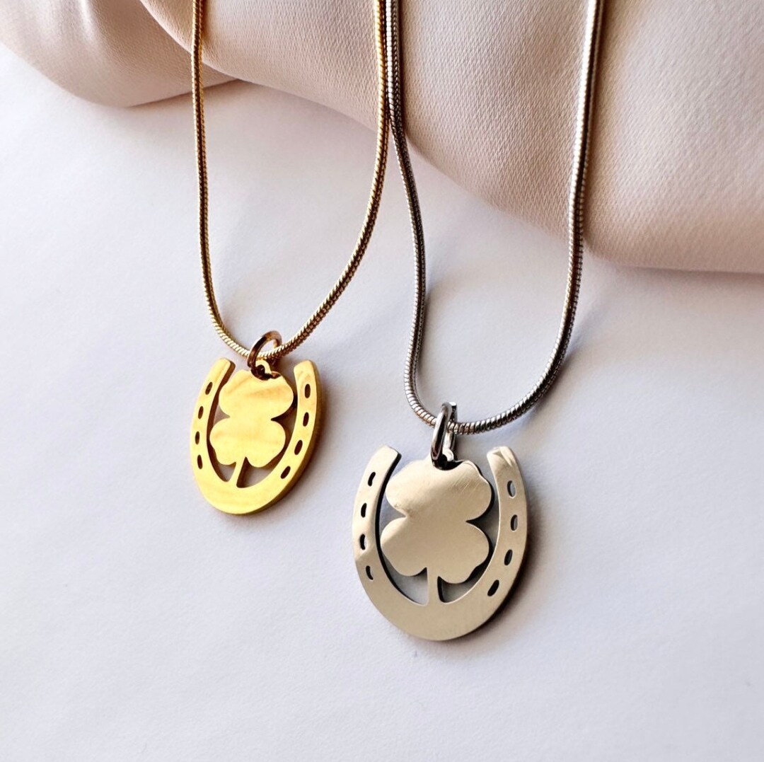 Lucky Horseshoe and 4 Leaf Clover Necklace, Stainless Steel Clover ...