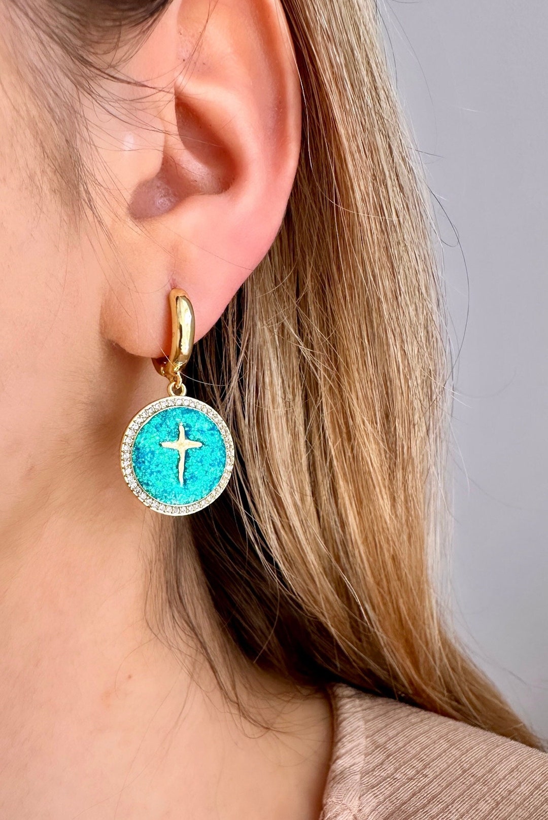 Cross Hoop Drop Earrings, Opal Cross Earrings, Catholic Hoops, Blue ...
