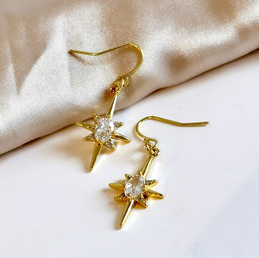 North Star Earrings Gold, 14K Gold Star Earrings, CZ Star Earrings ...