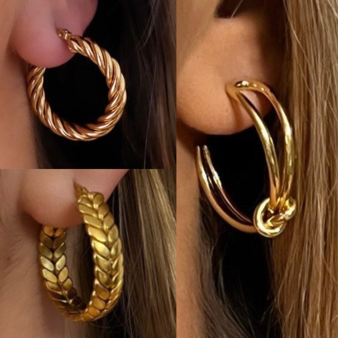 Gold Hoop Earring Set, Twist Gold Hoop Earrings, Set of 3 Hoops ...