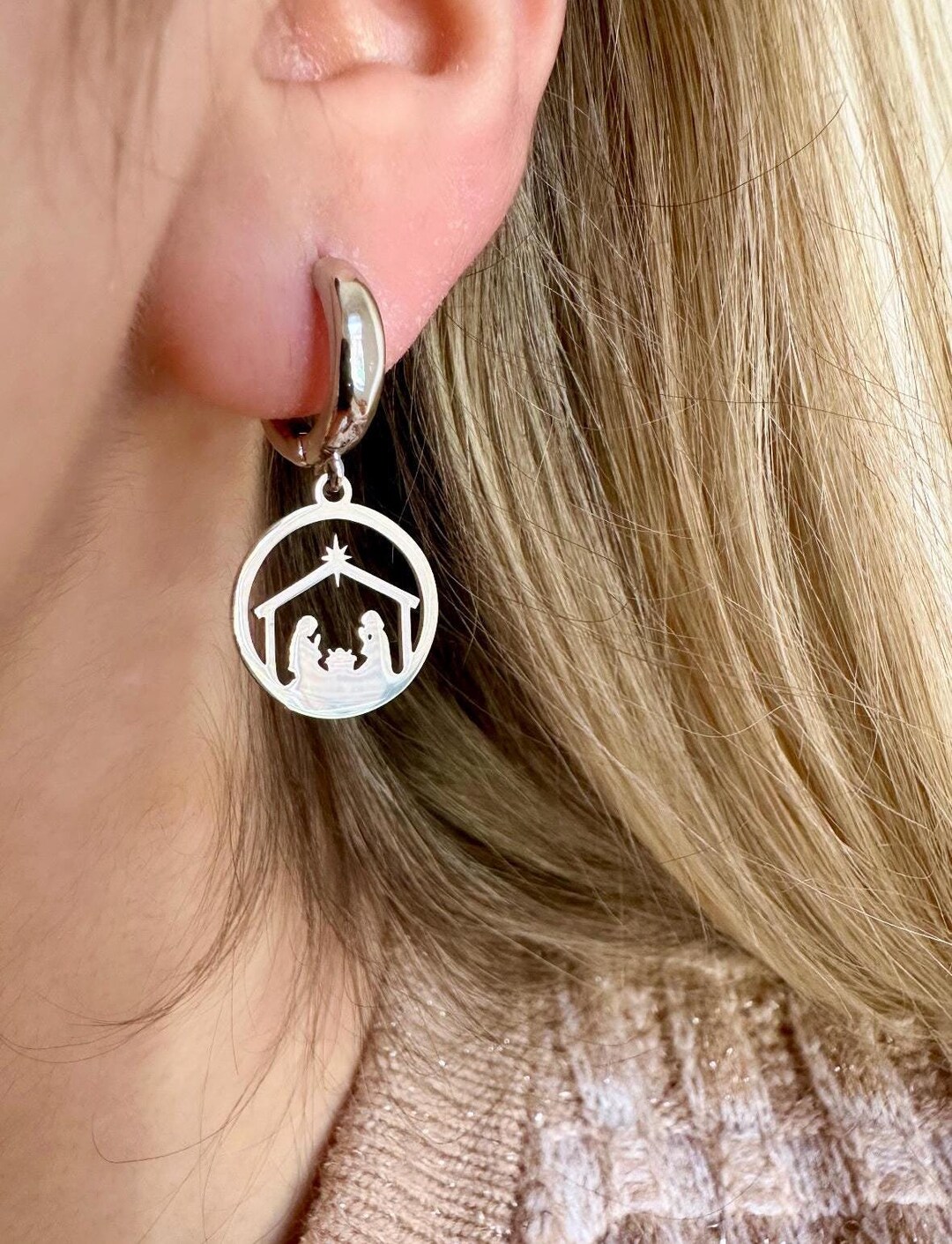 Nativity Earrings, Silver Christmas Earrings, Religious Christmas ...