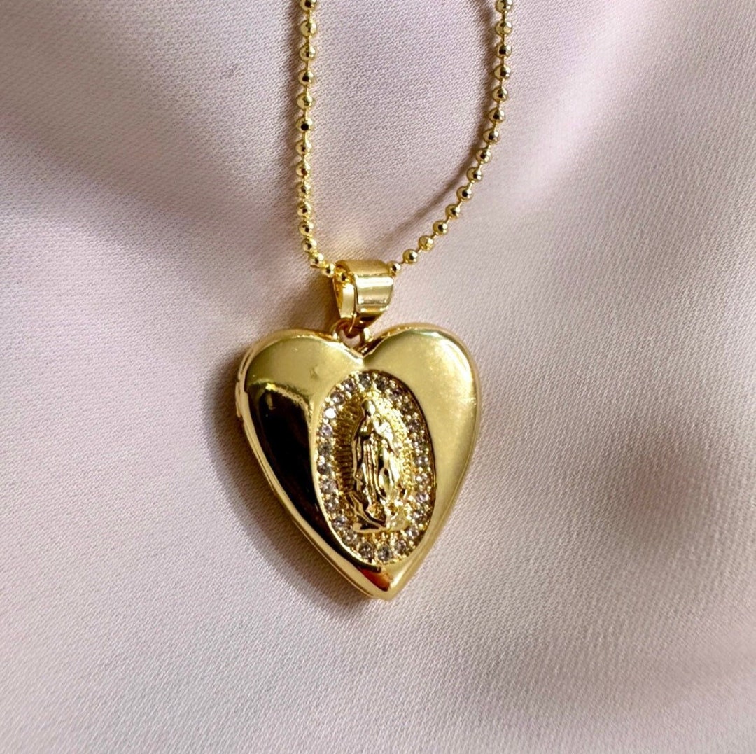 Virgin Mary Locket, Virgin Mary Heart Necklace, Gold Heart Locket ...