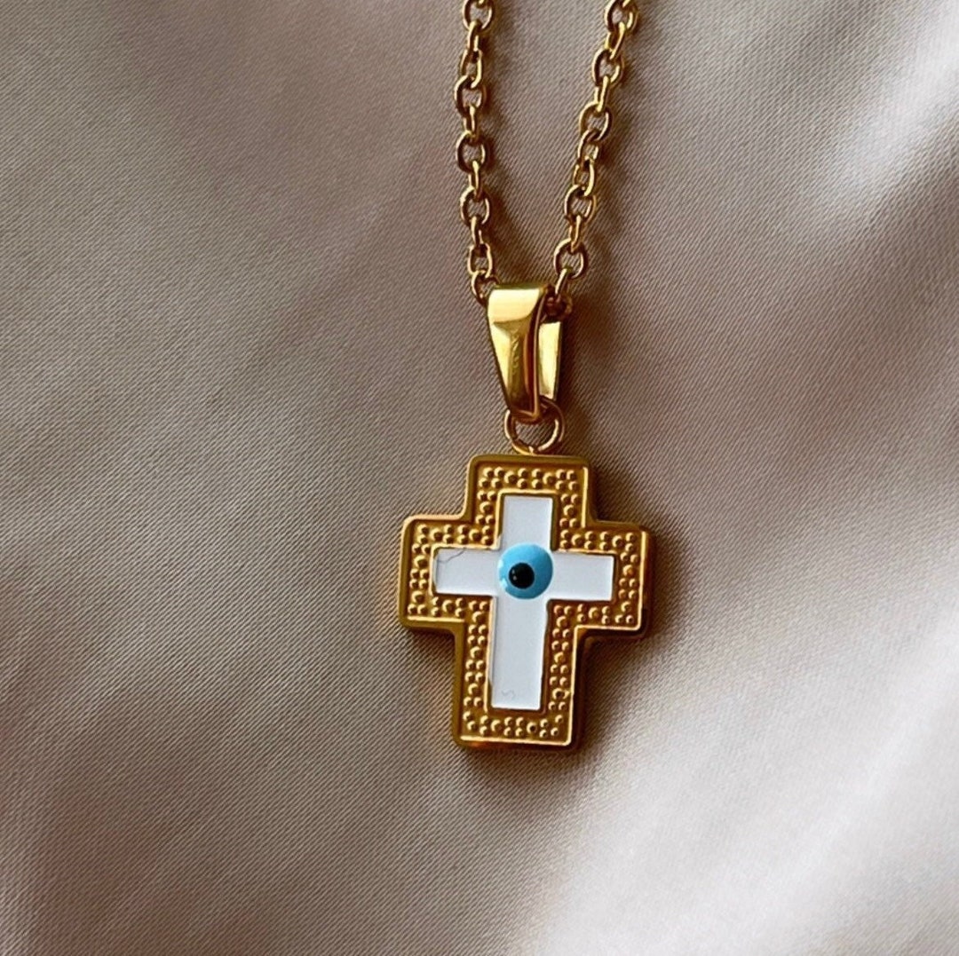 Evil Eye Cross Necklace Enamel Cross Pendant Necklace Enamel - Etsy