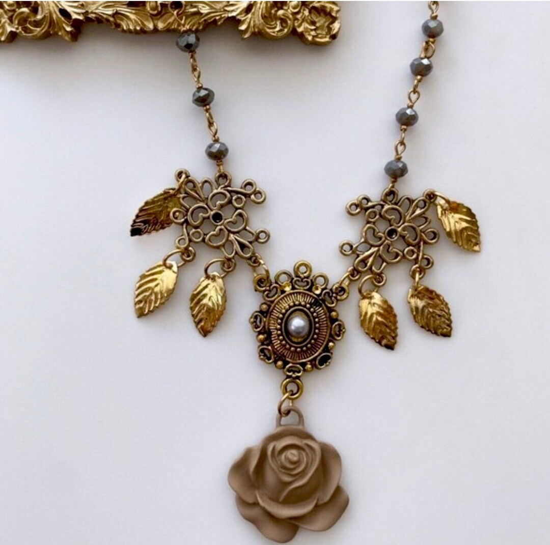 Gold Leaf and Flower Cottagecore Necklace, Autumn Necklace, Botanical ...