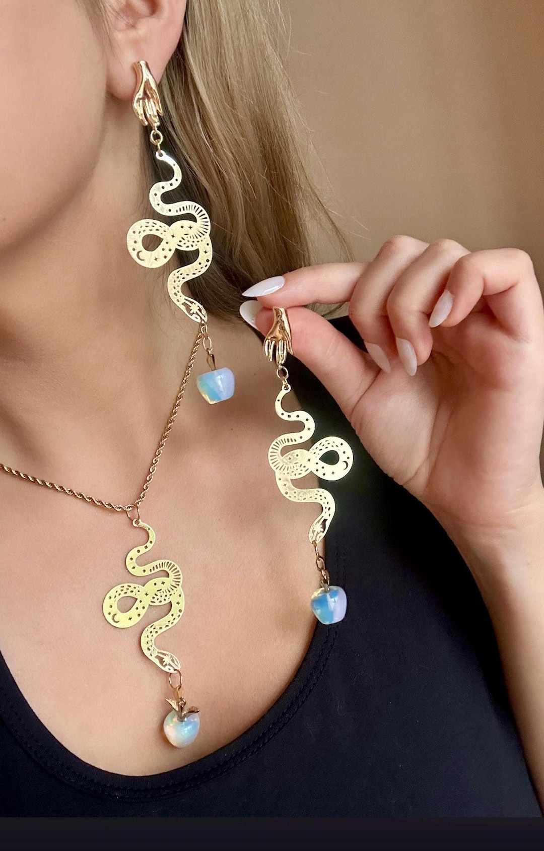 Snake Jewelry Set, Snake and Apple Earrings, Snake Necklace Gold, Gold Snake Earrings, Witch ...