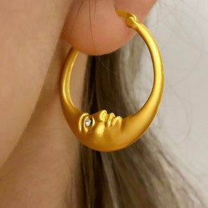 Moon Crescent Hoop Earrings, Gold Moon Hoops, Moon Face Earrings, Moon ...
