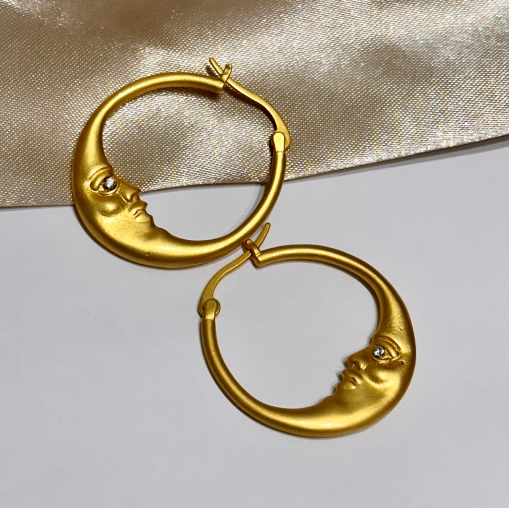 Moon Crescent Hoop Earrings, Gold Moon Hoops, Moon Face Earrings, Moon ...