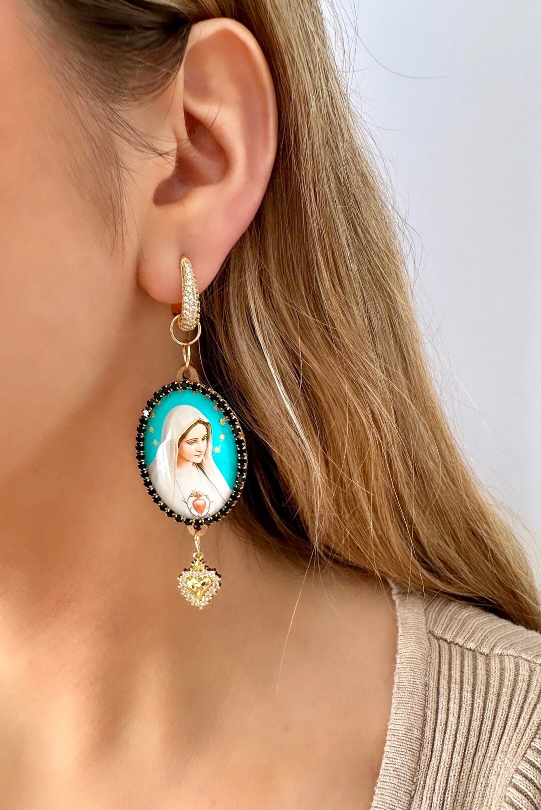Virgin Mary Earrings, Sacred Heart of Jesus Earrings, Our Lady of ...