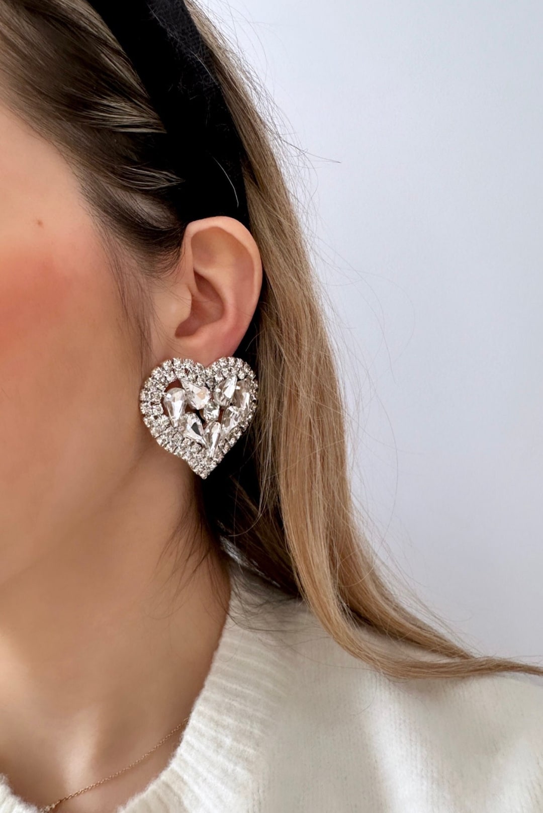 Chunky Heart Earrings, Big Heart Earrings, Rhinestone Heart Earrings ...