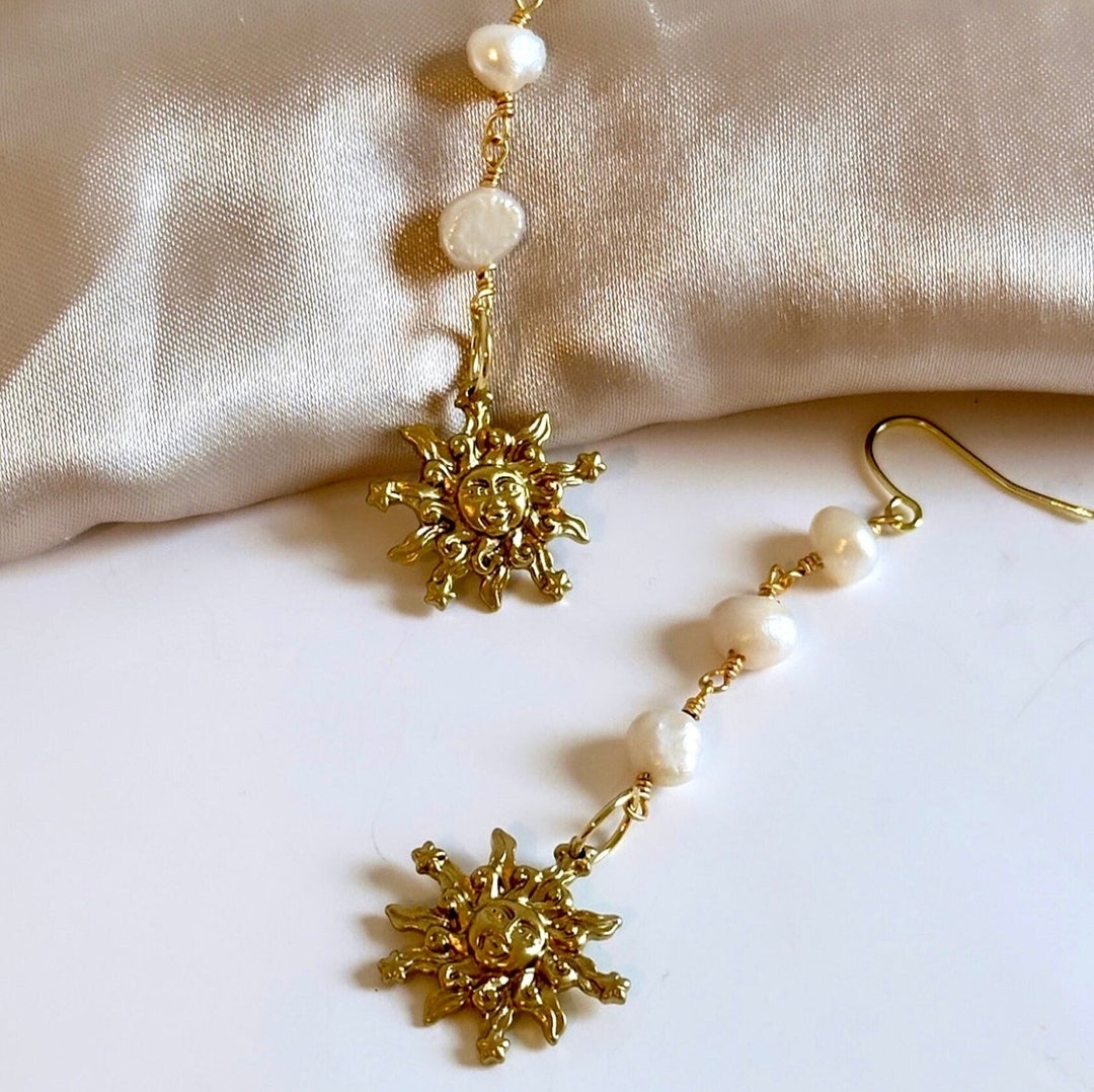 Pearl Sun Earrings, Gold Sun Earrings, Sun Face Earrings, Freshwater ...