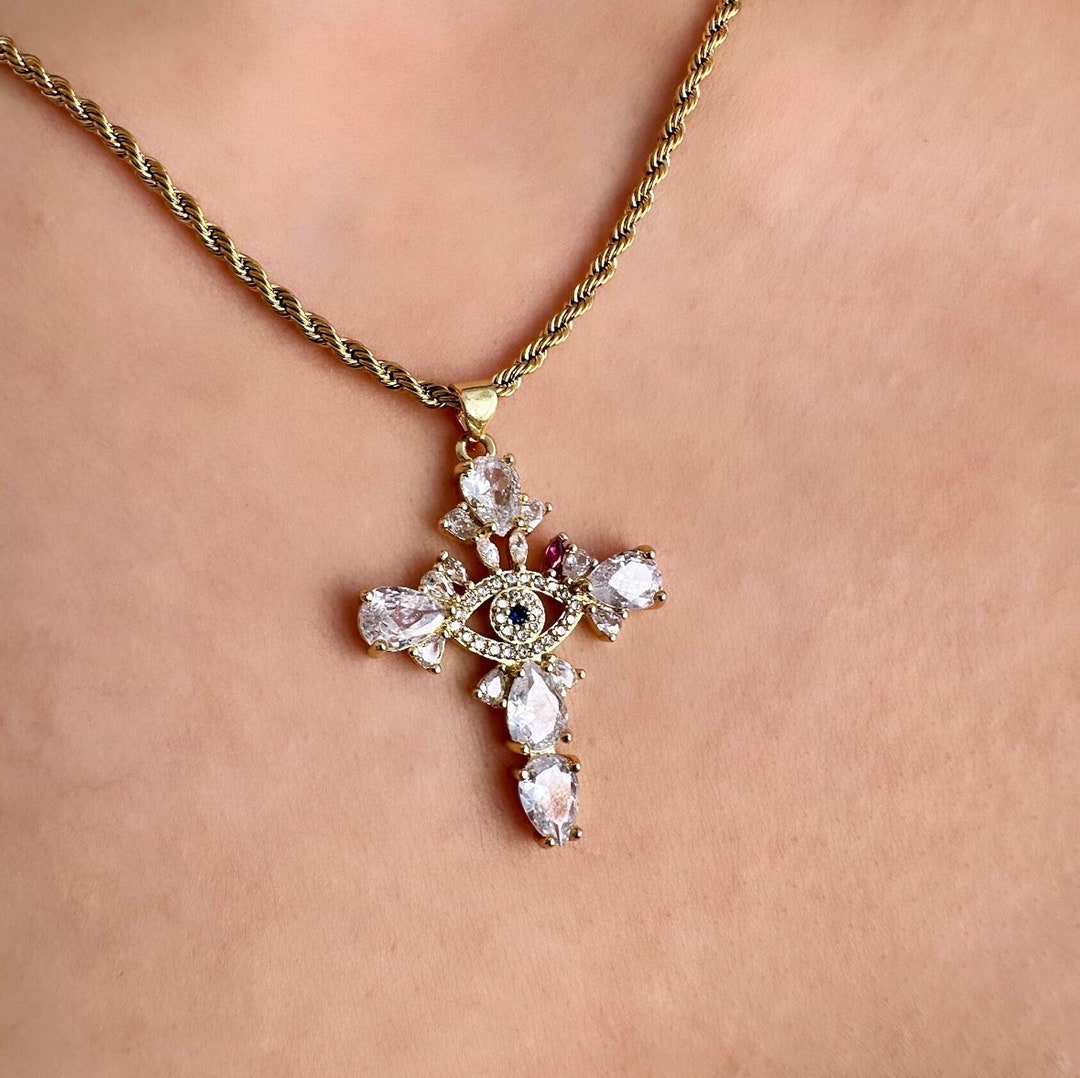 Evil Eye Cross Necklace, Cz Cross Pendant 14K, Gold Filled Cross ...