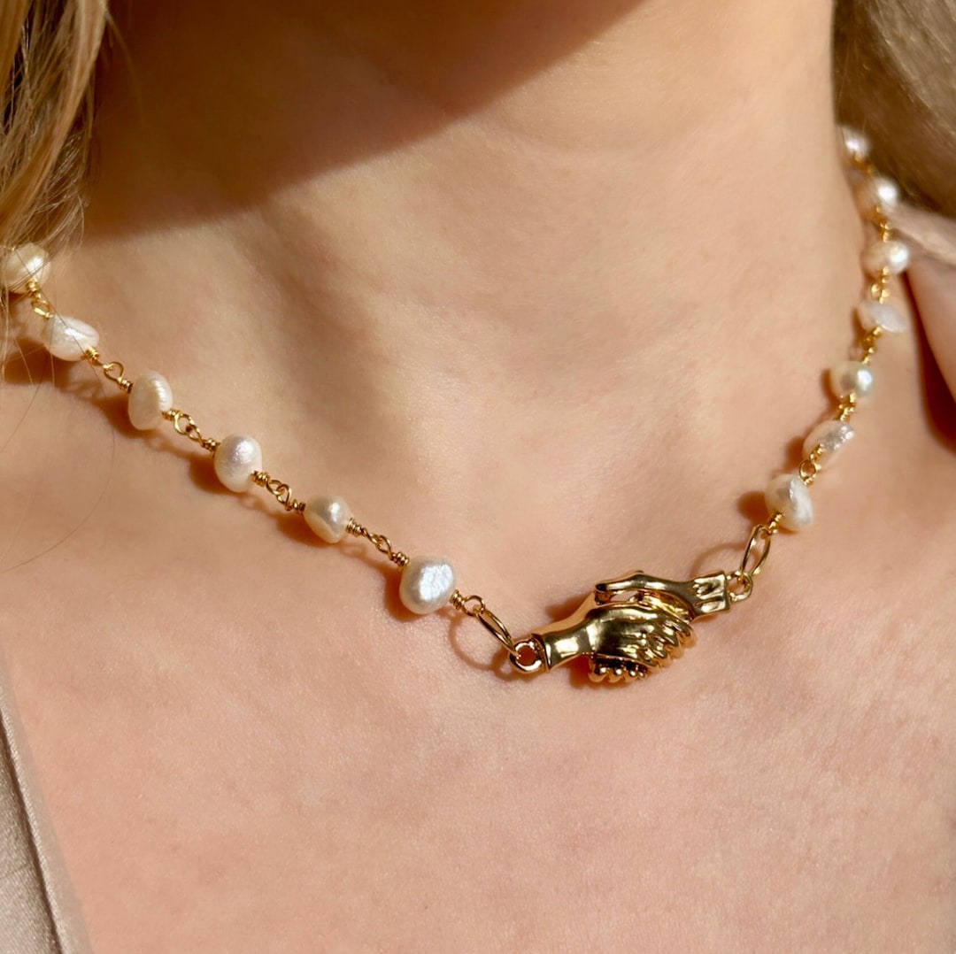 Holding Hands Necklace, Gold Hands Necklace, Freshwater Pearl Necklace ...