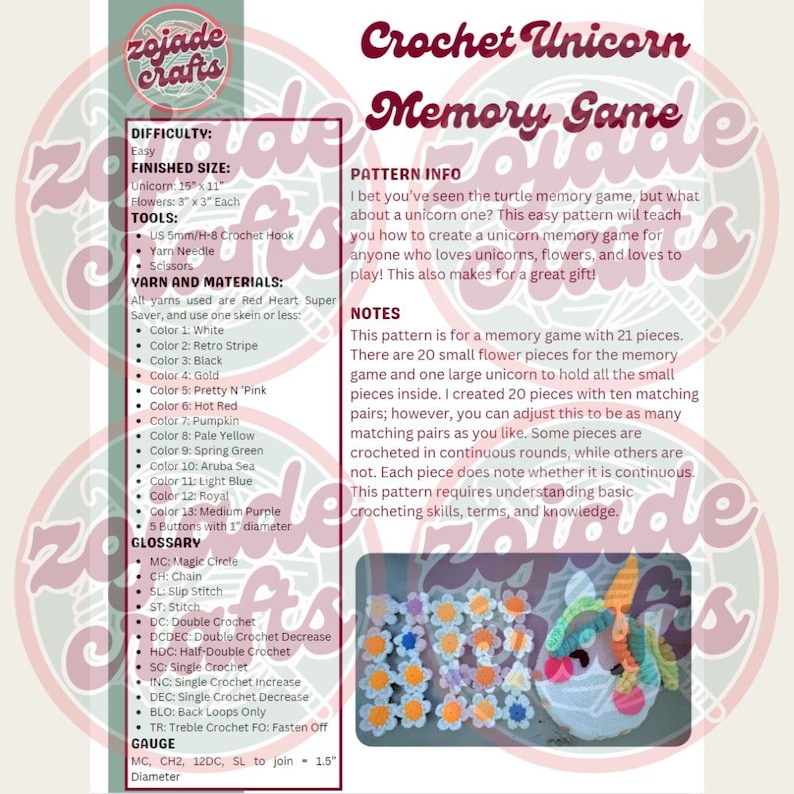 Original Design Crochet Unicorn Memory Game PATTERN | Crochet Patterns ...