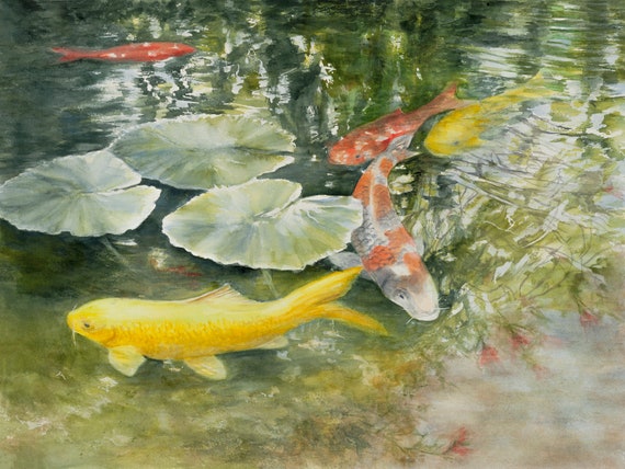 Koi Fish Pond Painting Matted Art Print - Etsy