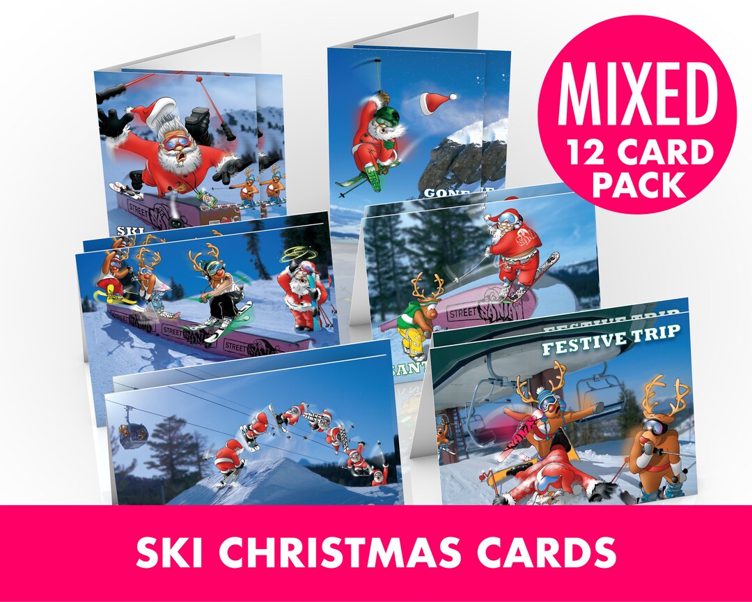 Ski Christmas Cards - 12 Card Pack - A5 Size - Funny Christmas Cards ...
