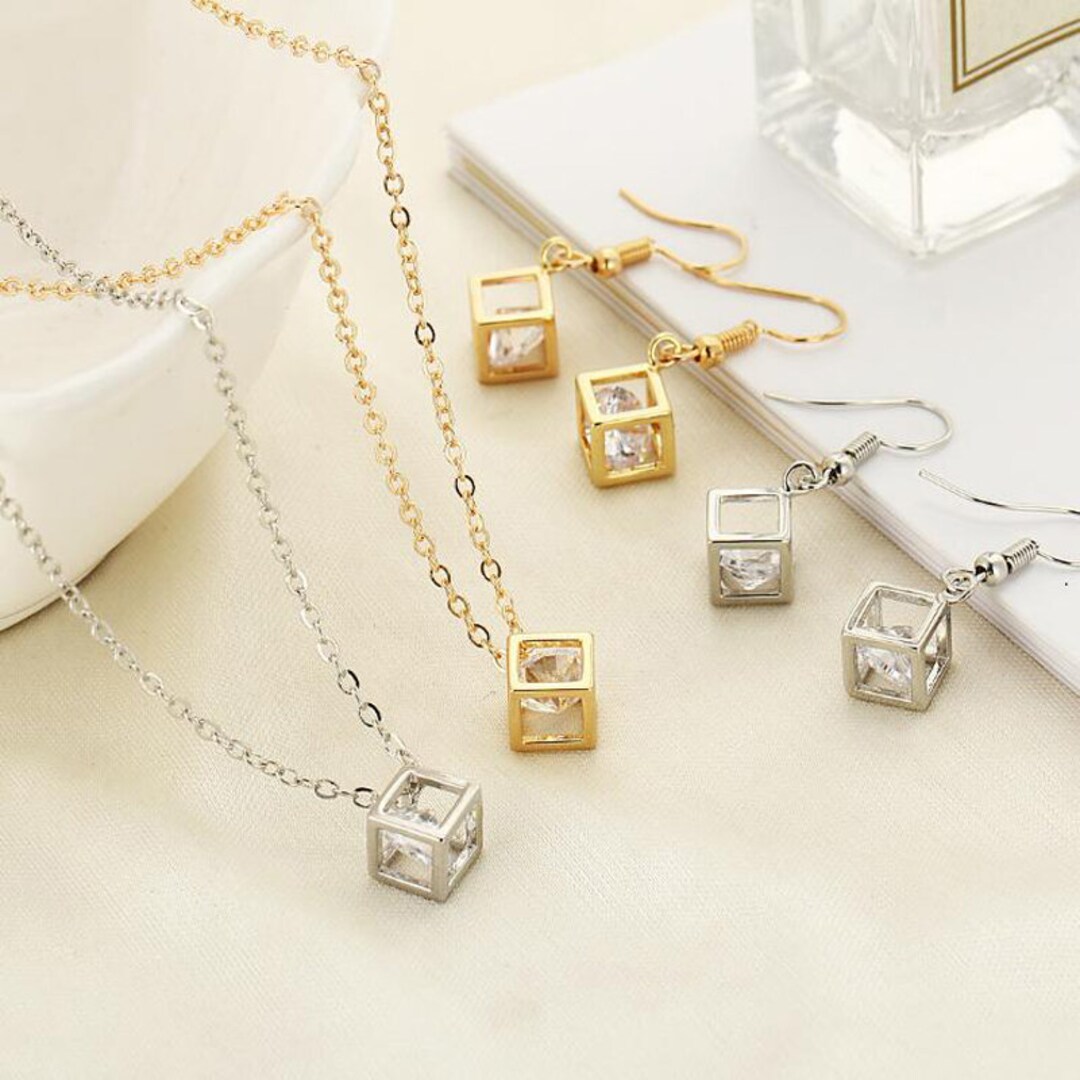 Sterling Silver Cube Rhinestone Earrings, Geometric Earrings, Silver ...