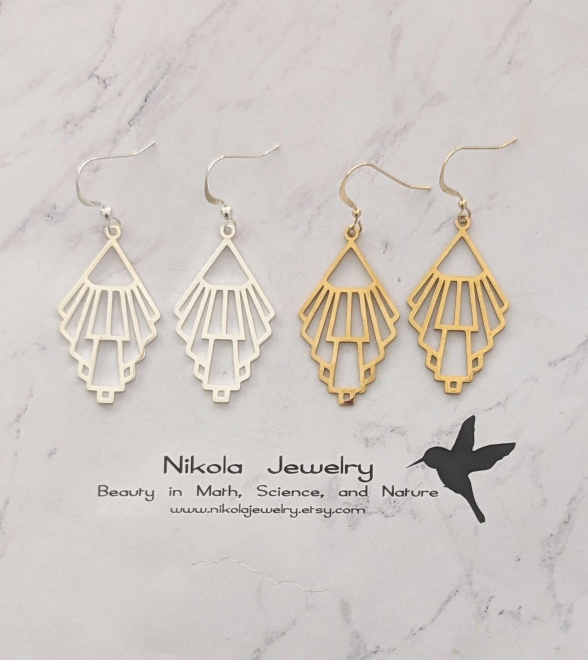 NikolaJewelry Art Deco Earrings in Gold or Silver Statement Earrings 1920s Art Earrings Geometric Earrings San Francisco Love