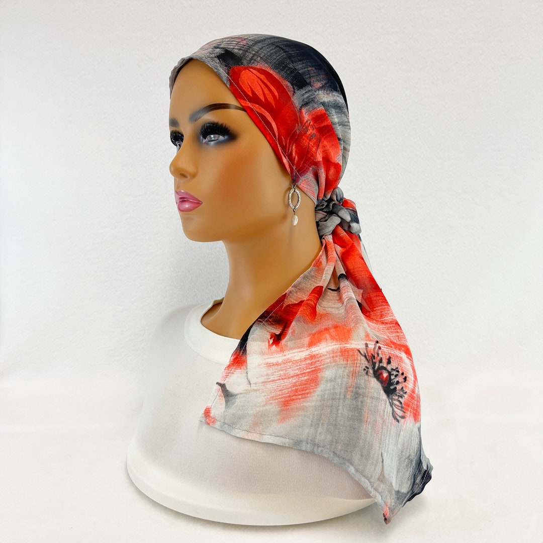 Pre Tied Chemo Head Scarf~women's Cancer Scarf~chemo Turban~gray/red ...