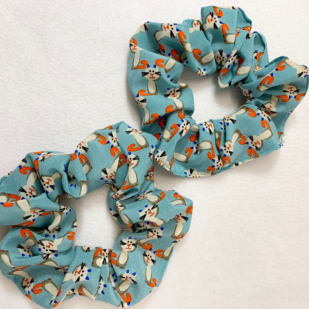 2 Dusty Blue Kitty Cat Scrunchies~hair Ties, Top Knot, Messy Bun, Hair ...
