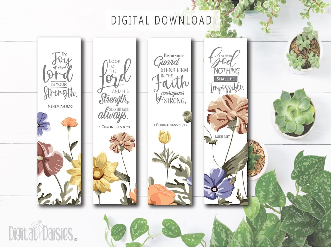 Scripture Floral Digital Bookmark Set, Faith Strength Bookmarks ...