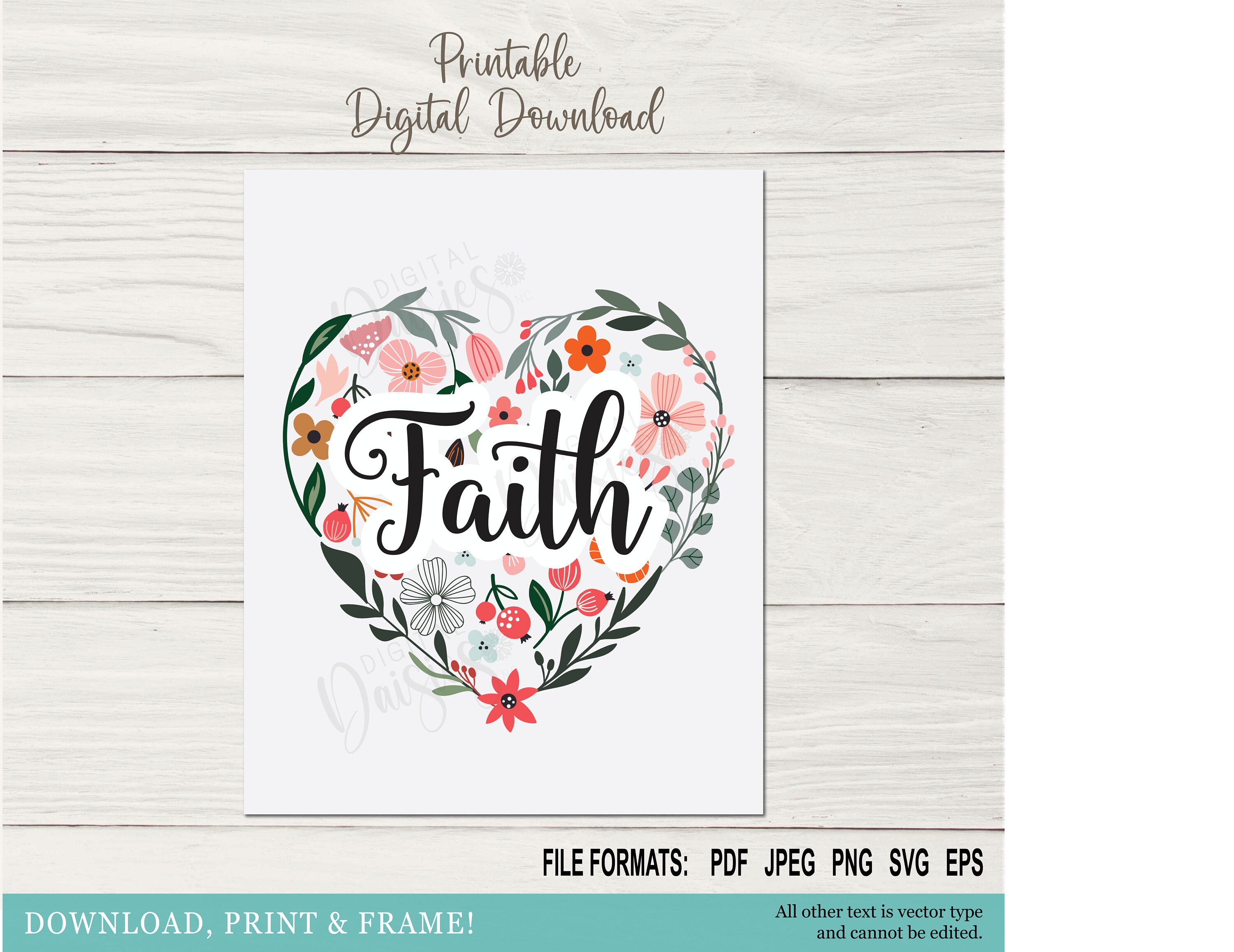 Faith Word Floral Heart Printable Wall Art, Faith Sublimation Svg ...