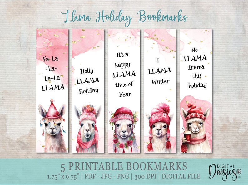 Llama Holiday Bookmark Set, Printable Bookmark Set, Printable Bookmark ...