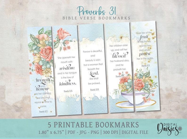 Proverbs 31 Verse Printable Bookmark Set, Printable Bookmark, Reading ...