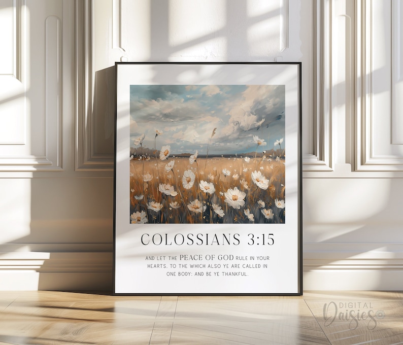 Colossians 3:15 Bible Verse Wall Art, Vintage Floral Daisy Oil Painting ...