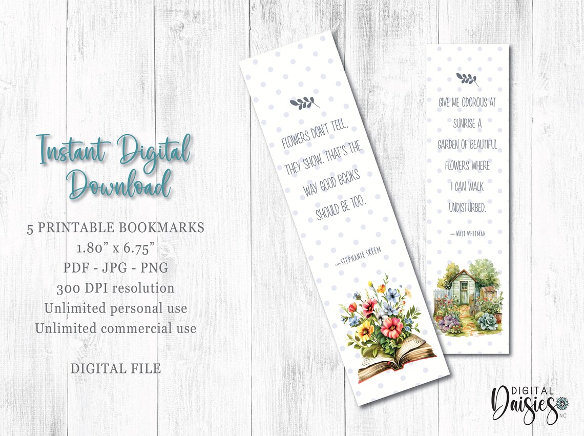Floral Reading Printable Bookmark Set, Instant Download DIGITAL PNG ...