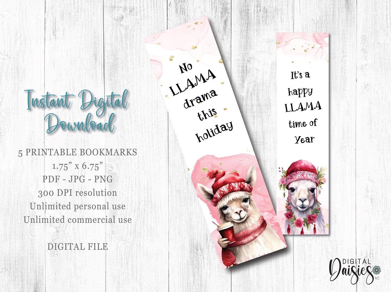 Llama Holiday Bookmark Set, Printable Bookmark Set, Printable Bookmark ...