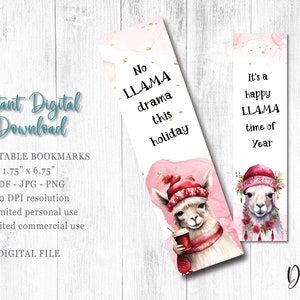 Llama Holiday Bookmark Set, Printable Bookmark Set, Printable Bookmark ...