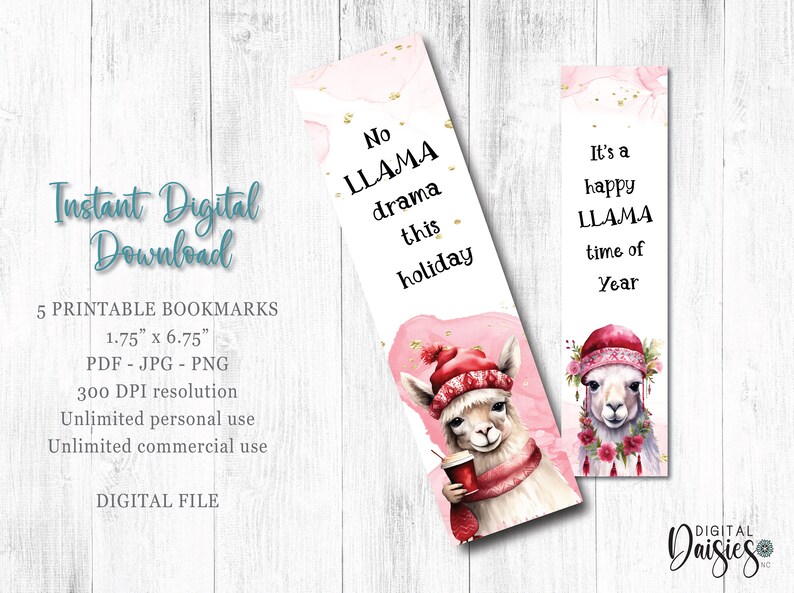 Llama Holiday Bookmark Set, Printable Bookmark Set, Printable Bookmark ...