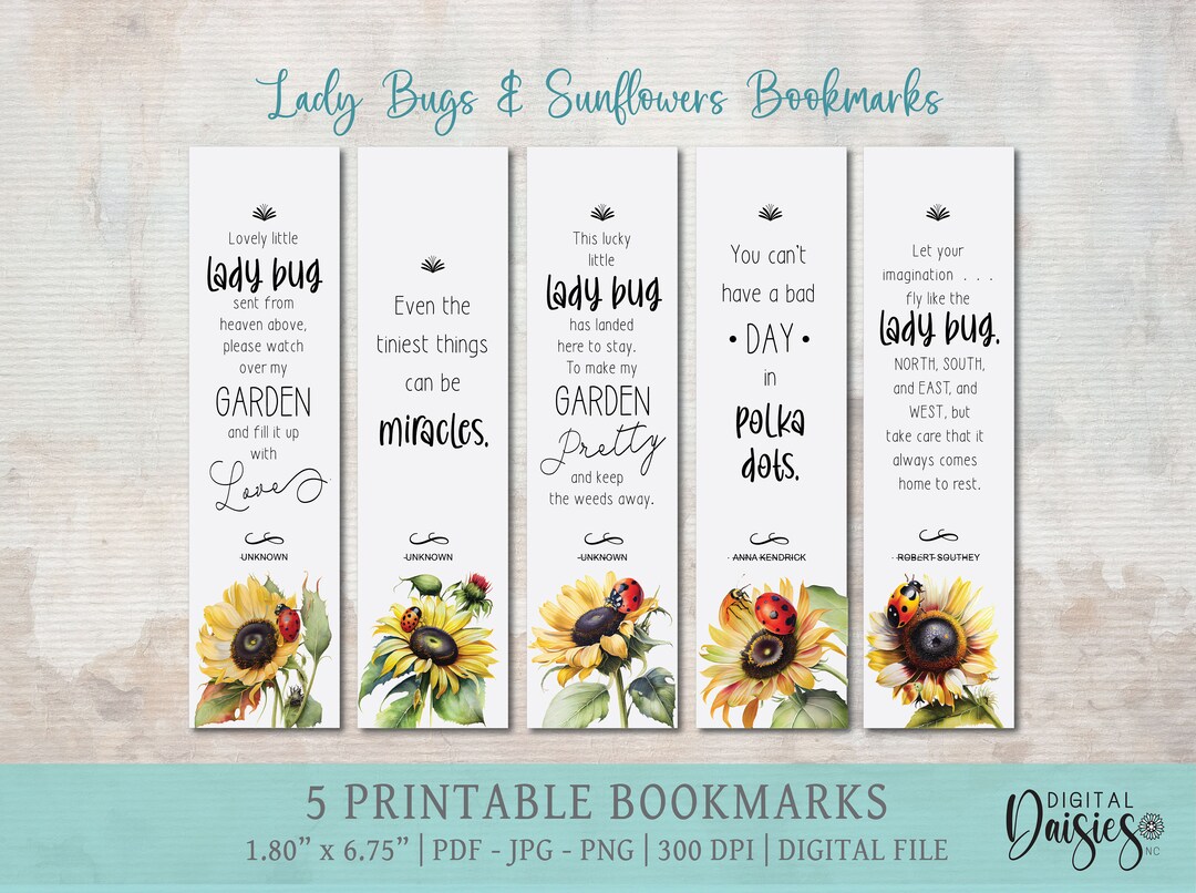 Ladybug and Sunflowers Printable Bookmark Set, Bookmarks INSTANT ...