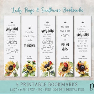 Ladybug and Sunflowers Printable Bookmark Set, Bookmarks INSTANT ...