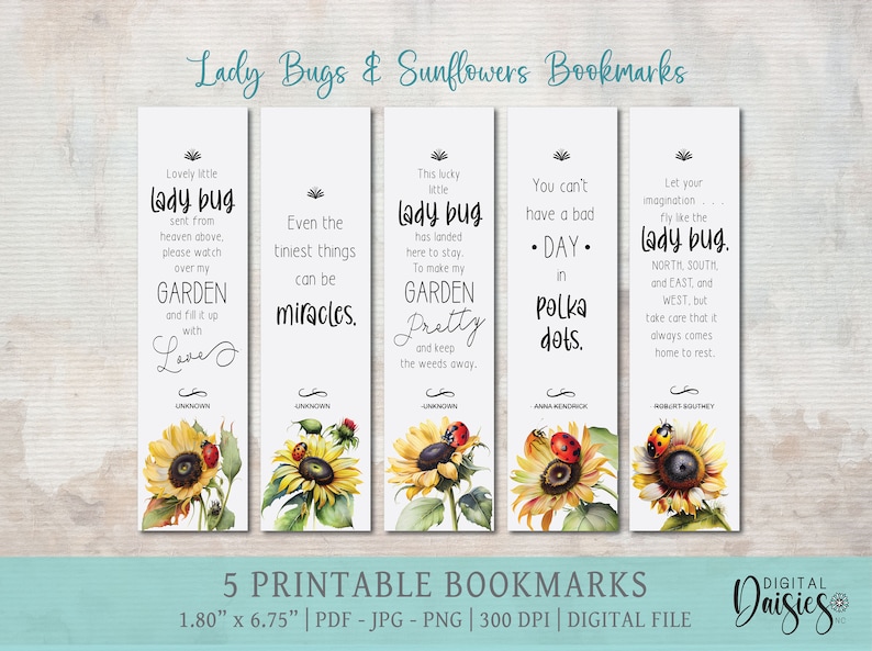 Ladybug and Sunflowers Printable Bookmark Set, Bookmarks INSTANT ...