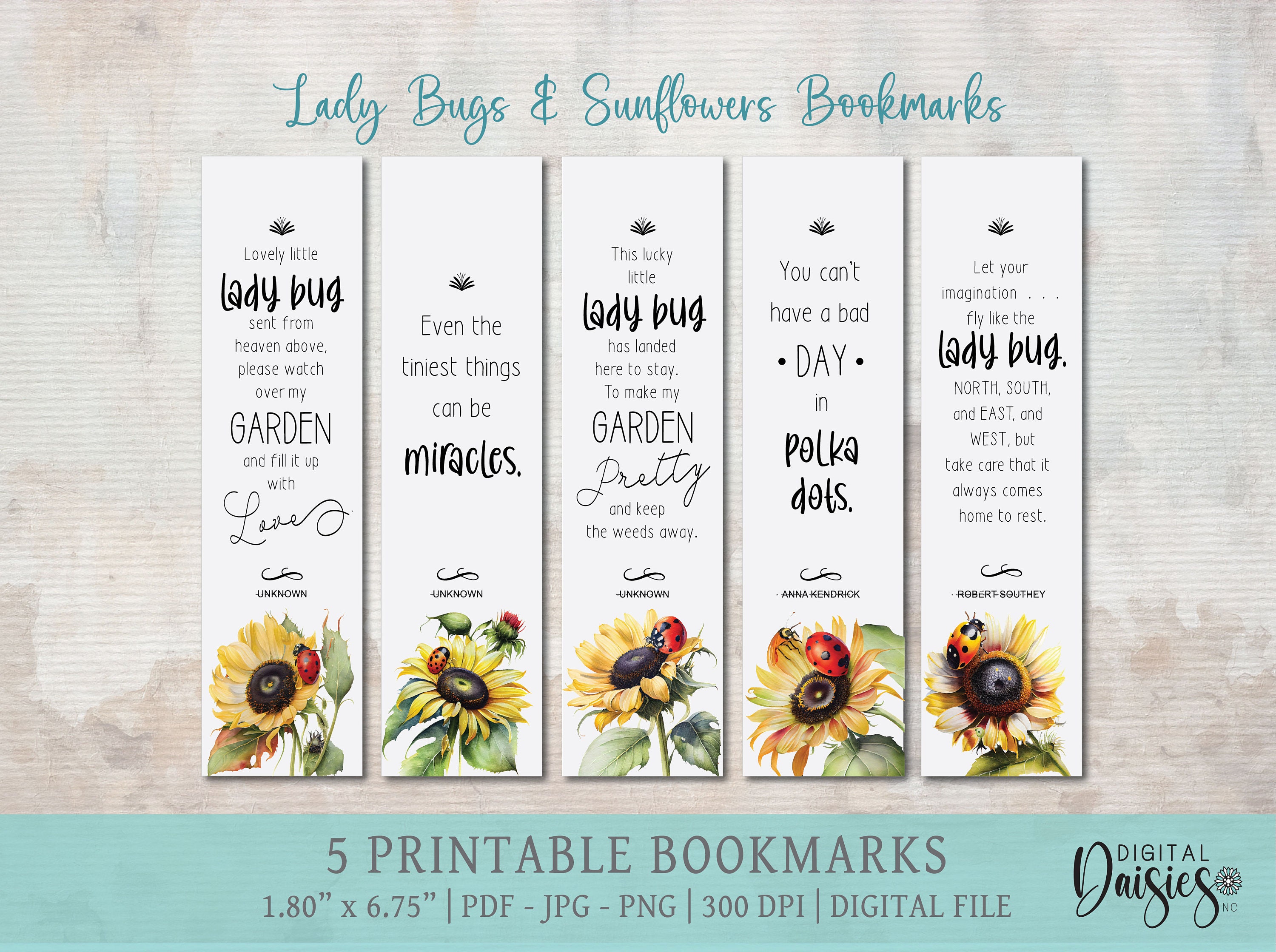 Ladybug and Sunflowers Printable Bookmark Set, Bookmarks INSTANT ...