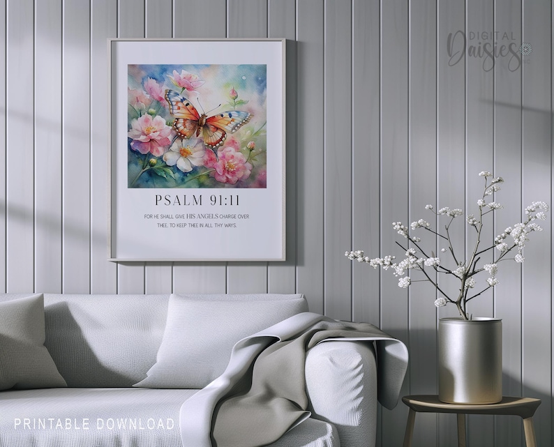 Butterfly Bible Verse Wall Art, Psalms 91:11 Colorful Wildflower ...