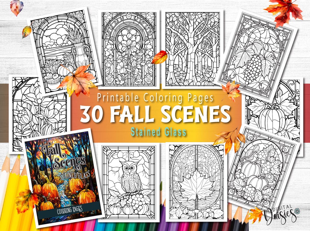 Fall Scenes Coloring Book, Autumn Stain Glass Images, Christian ...