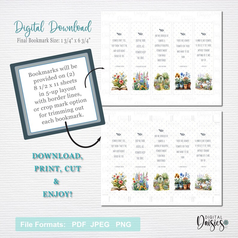 Floral Reading Printable Bookmark Set, Instant Download DIGITAL PNG ...