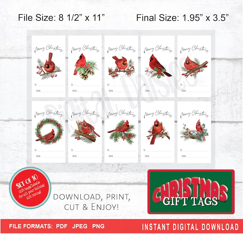 Cardinal Birds Printable Gift Tags, Set of 10, Christmas Gift Tags ...