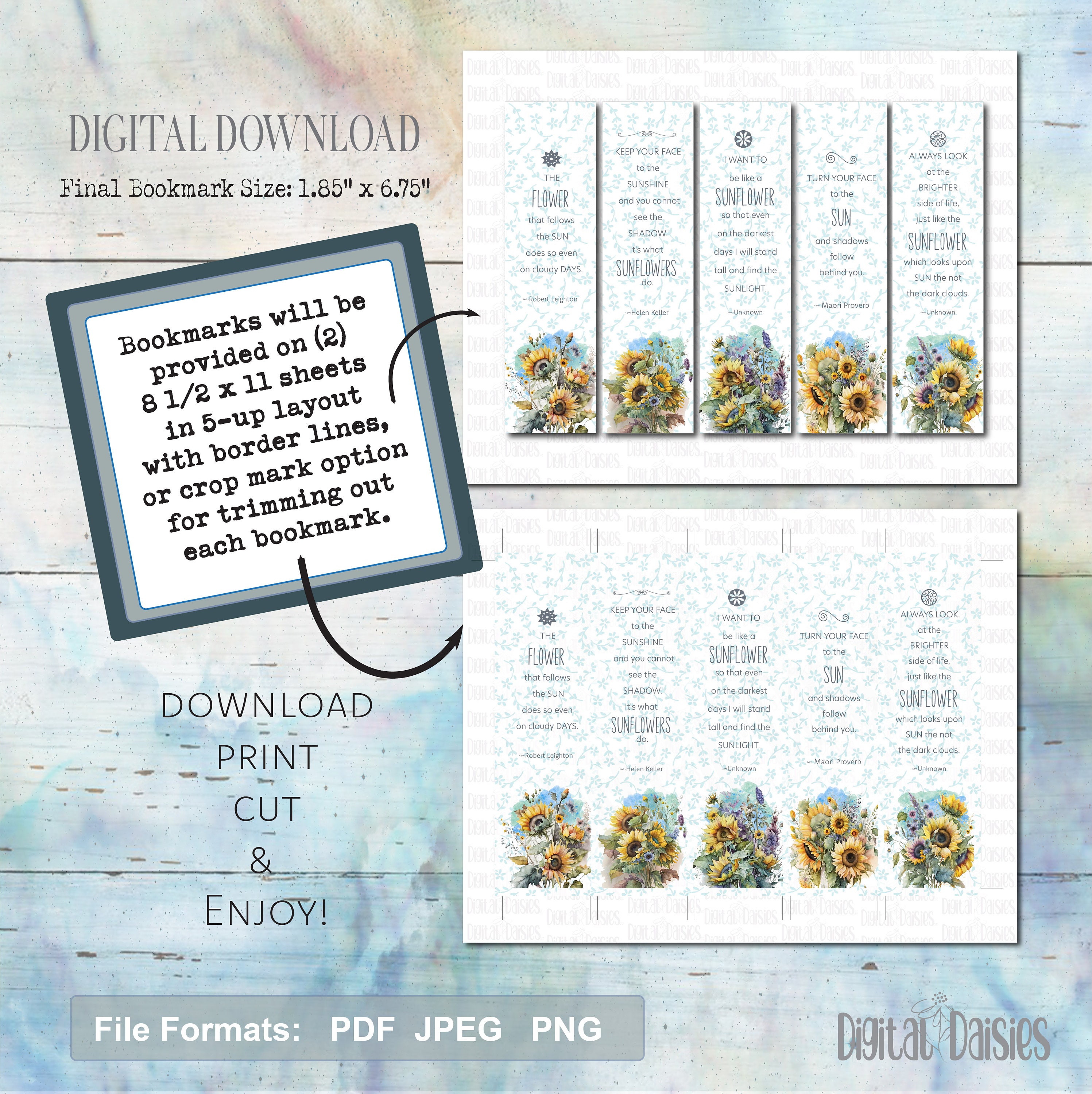 Sunflower Printable Bookmark Set Printable Bookmark Reading - Etsy