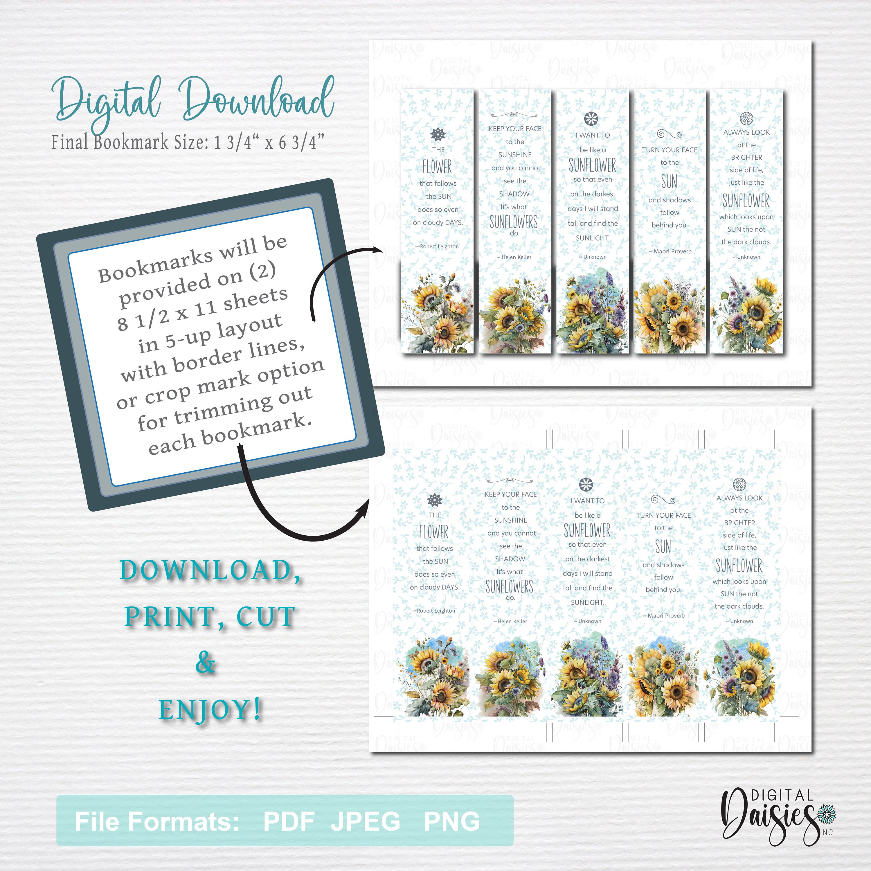 Sunflower Printable Bookmark Set, Printable Bookmark, Reading Bookmark ...